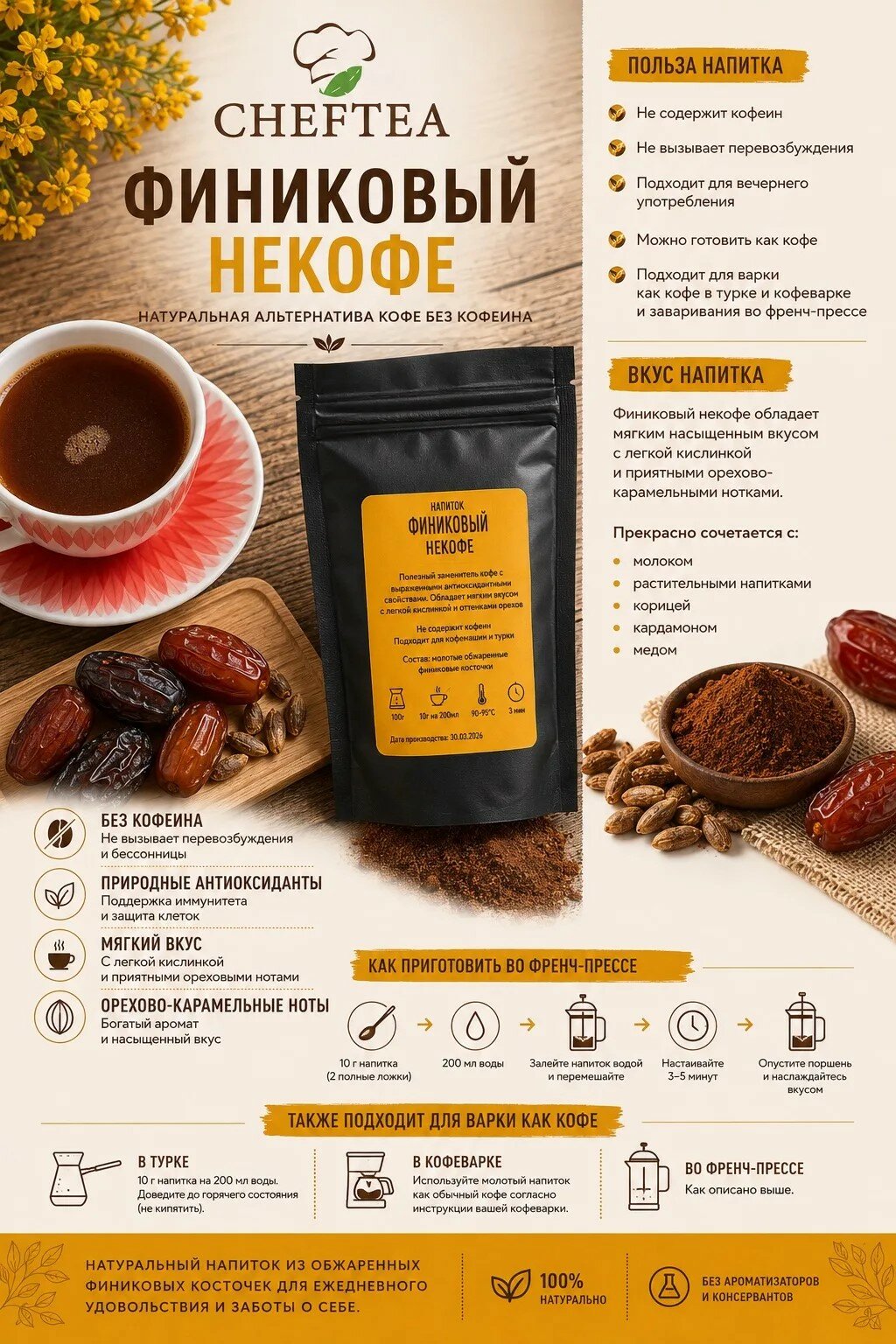 Финиковый кофе молотый, 100 г без кофеина