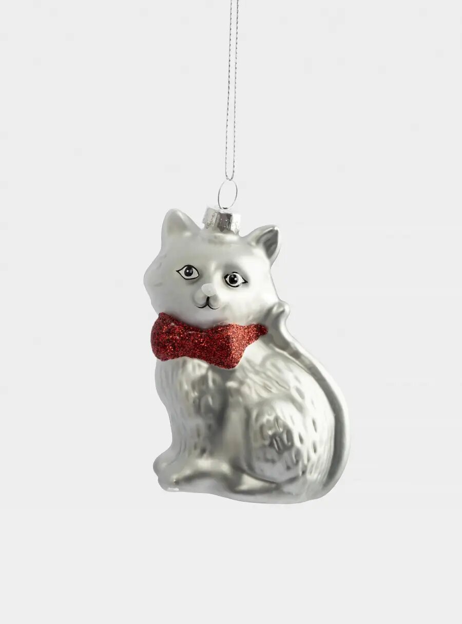 Игрушка елочная, 7х9 см, стекло, серебристая, Кошка, New year