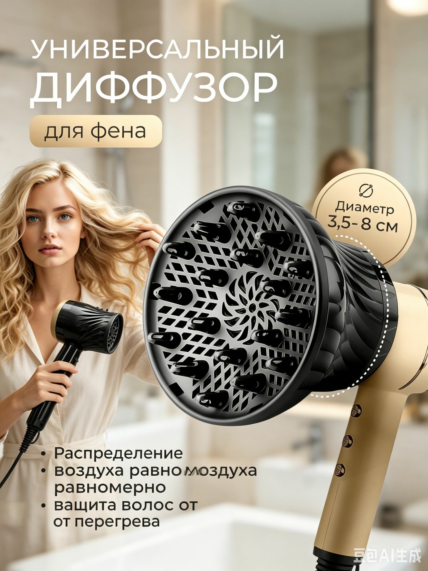 Диффузор для фена универсальный, черный, диаметр 3,5-8 см, насадка для укладки кудрявых волос, защита от перегрева для кудрявых универсальная насадка