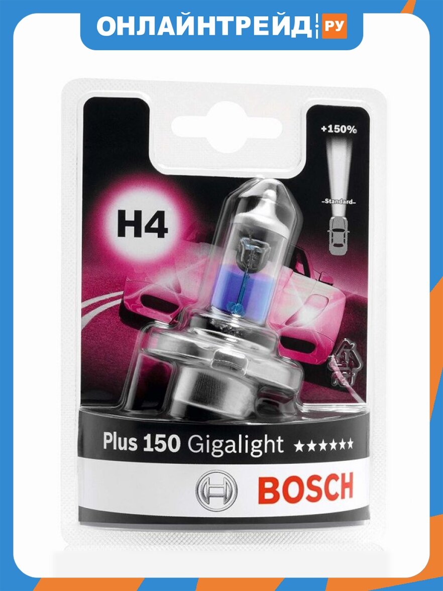 Лампа автомобильная Bosch H4 12V P43t 60/55W Gigalight+150, 1 шт, 1987301136