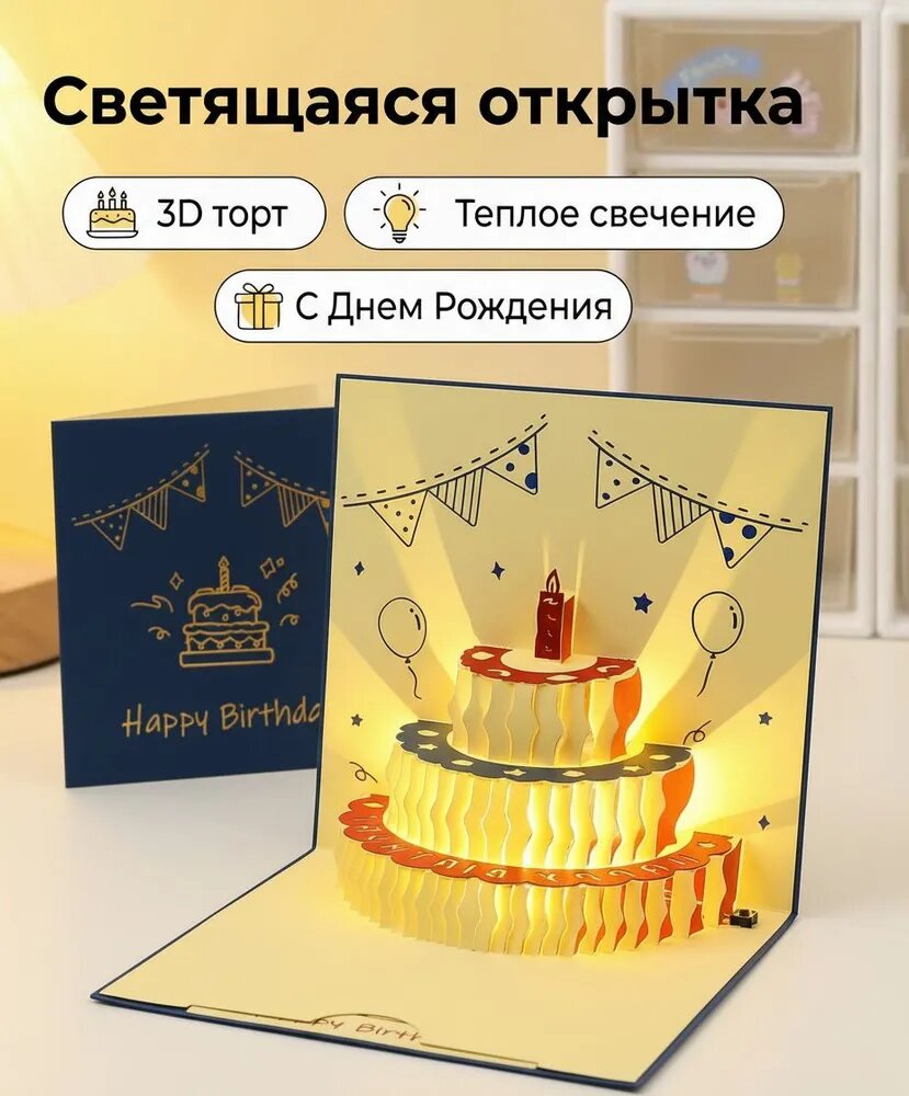 Открытка с днём рождения 3D с подсветкой/ Объемная поздравительная открытка-торт Happy Birthday