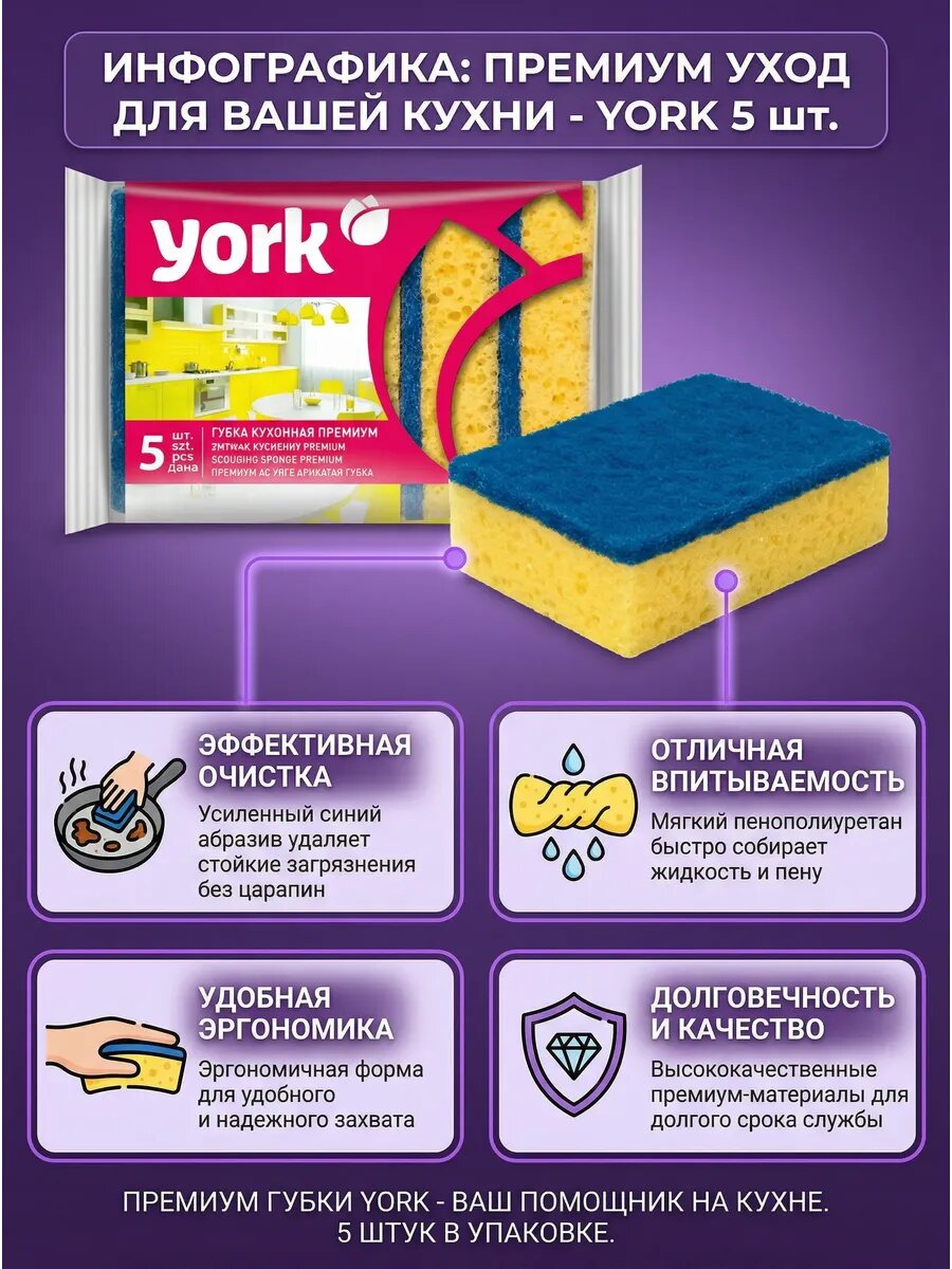 Губки для посуды YORK Премиум, повышенная впитываемость, 5 штук