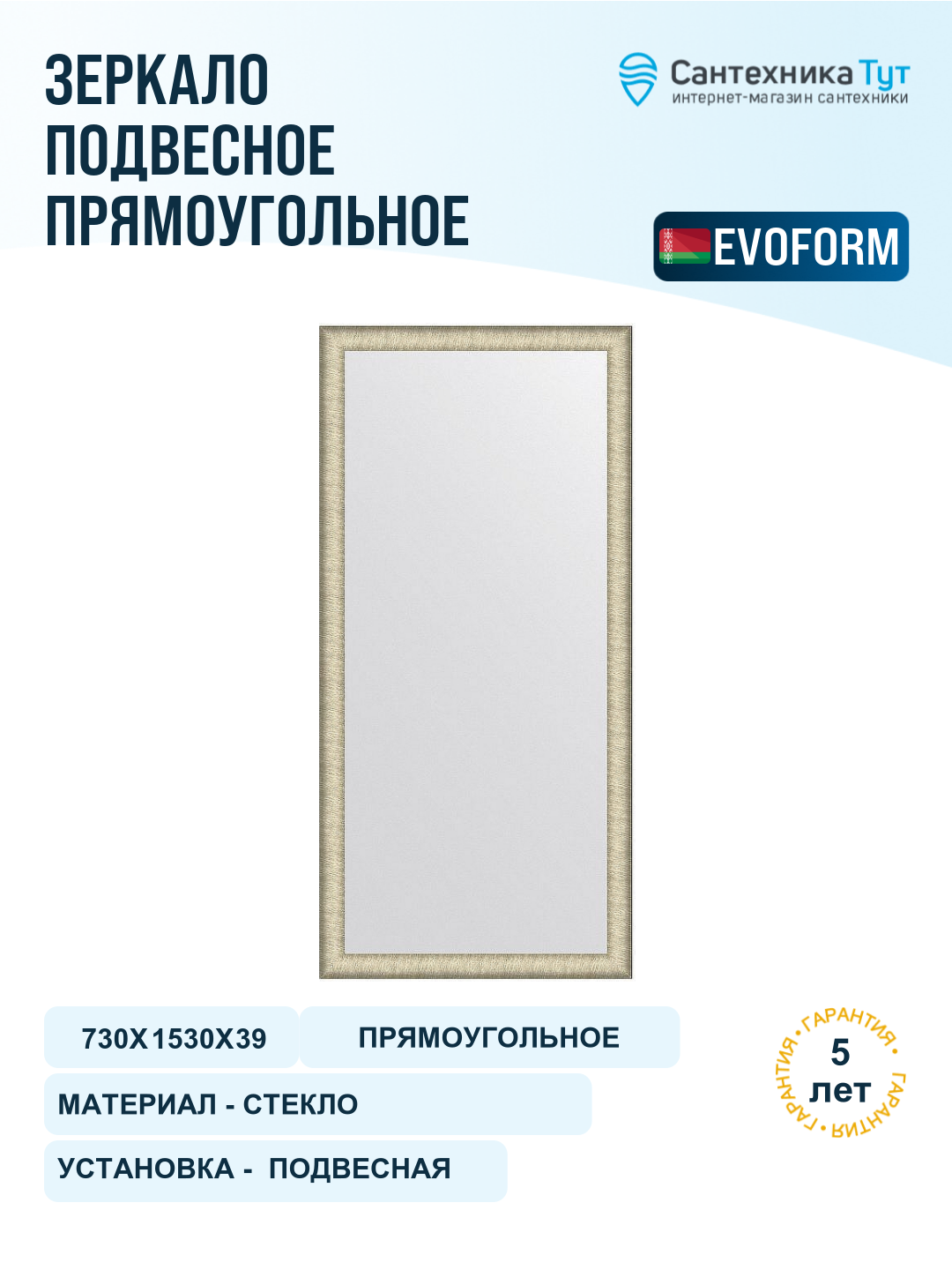 Зеркало Evoform Definite 153х73 BY 7613 в багетной раме - Брашированное серебро 59 мм