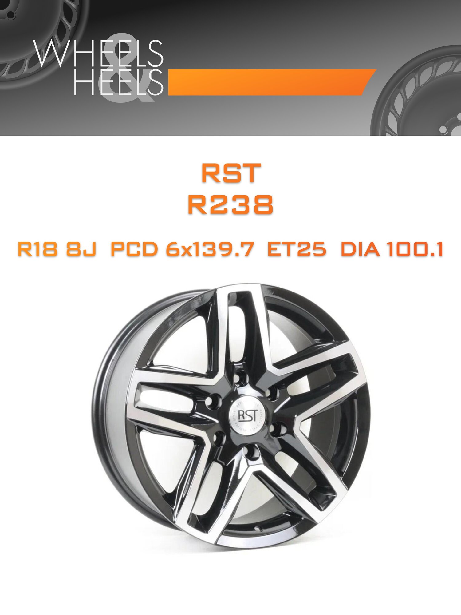 Диск автомобильный литой RST R238 18x8 6x139.7 et25 dia100.1 Чёрный с полированной лицевой частью