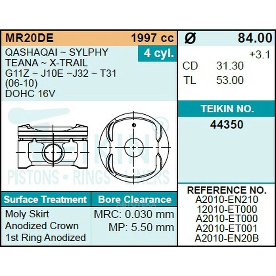 Поршень без колец Niissan MR20DE d84.00.50 Teikin TEIKIN 44350050