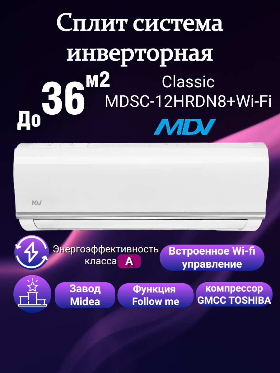 Сплит система MDV CLASSIC INVERTER MDSC-12HRDN8(WF)/MDOC-12HDN8 Wi-FI собственный бренд завода MIDEA