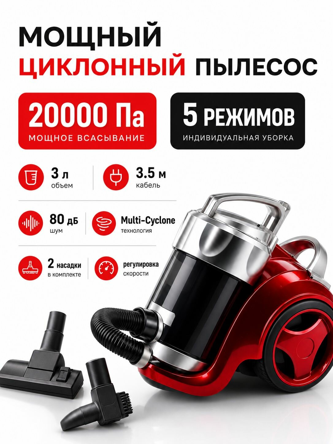Пылесос для дома 4500W, 3л, мульти-циклон / Пылесос мощный с контейнером бытовой