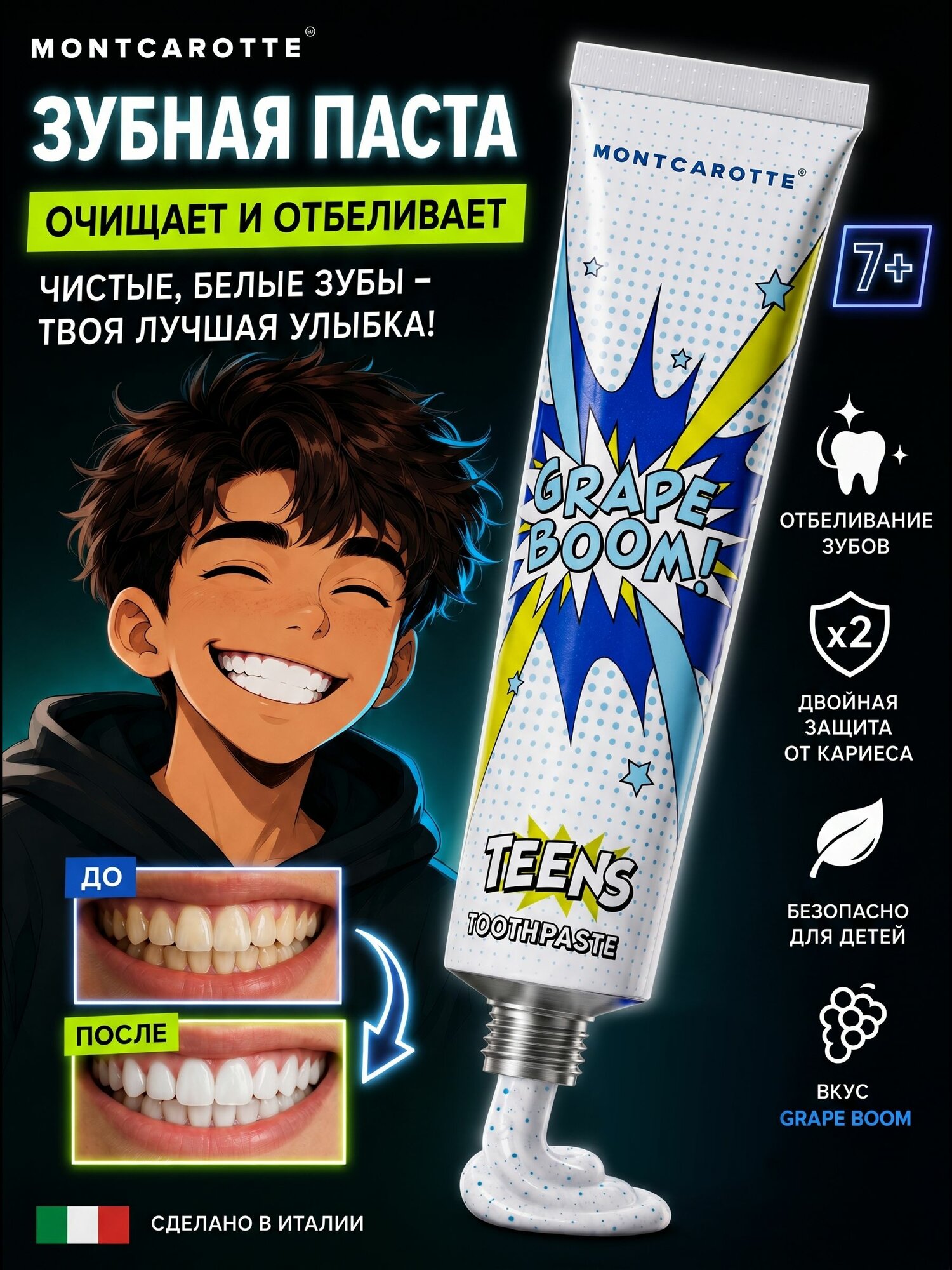 Зубная паста с фтором и защитой от кариеса MontCarotte TEENS Grape BOOM со вкусом винограда от 7 лет, 50 мл, Монткаротт, Италия