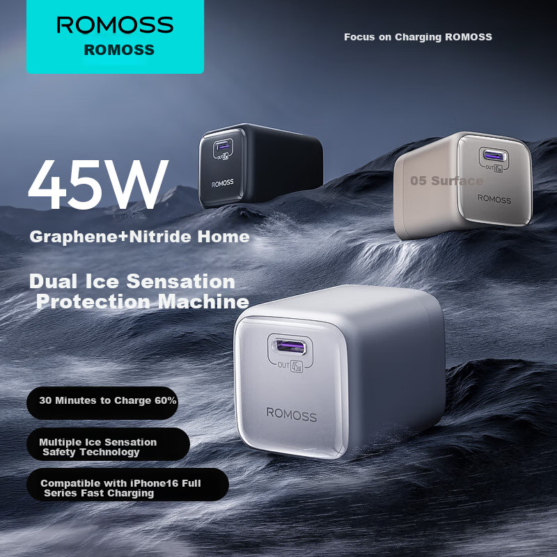 ROMOSS 45W GaN зарядное устройство для Apple 16 серии с двумя портами быстрой зарядки для iPhone 16/15/14 Samsung S24