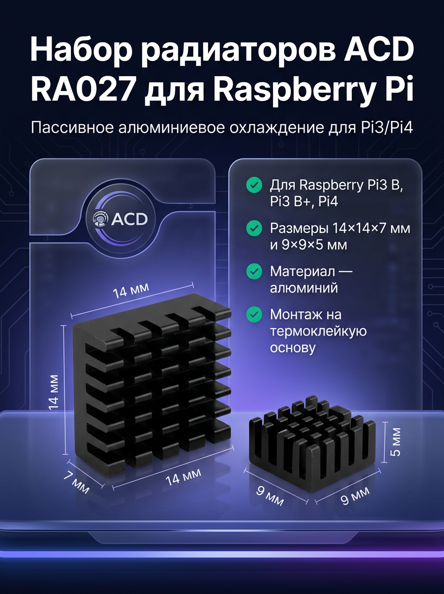 Набор радиаторов охлаждения ACD RA027, алюминиевые 14x14x7 мм и 9x9x5 мм, для Raspberry Pi 3 B, Pi 3 B+, Pi 4
