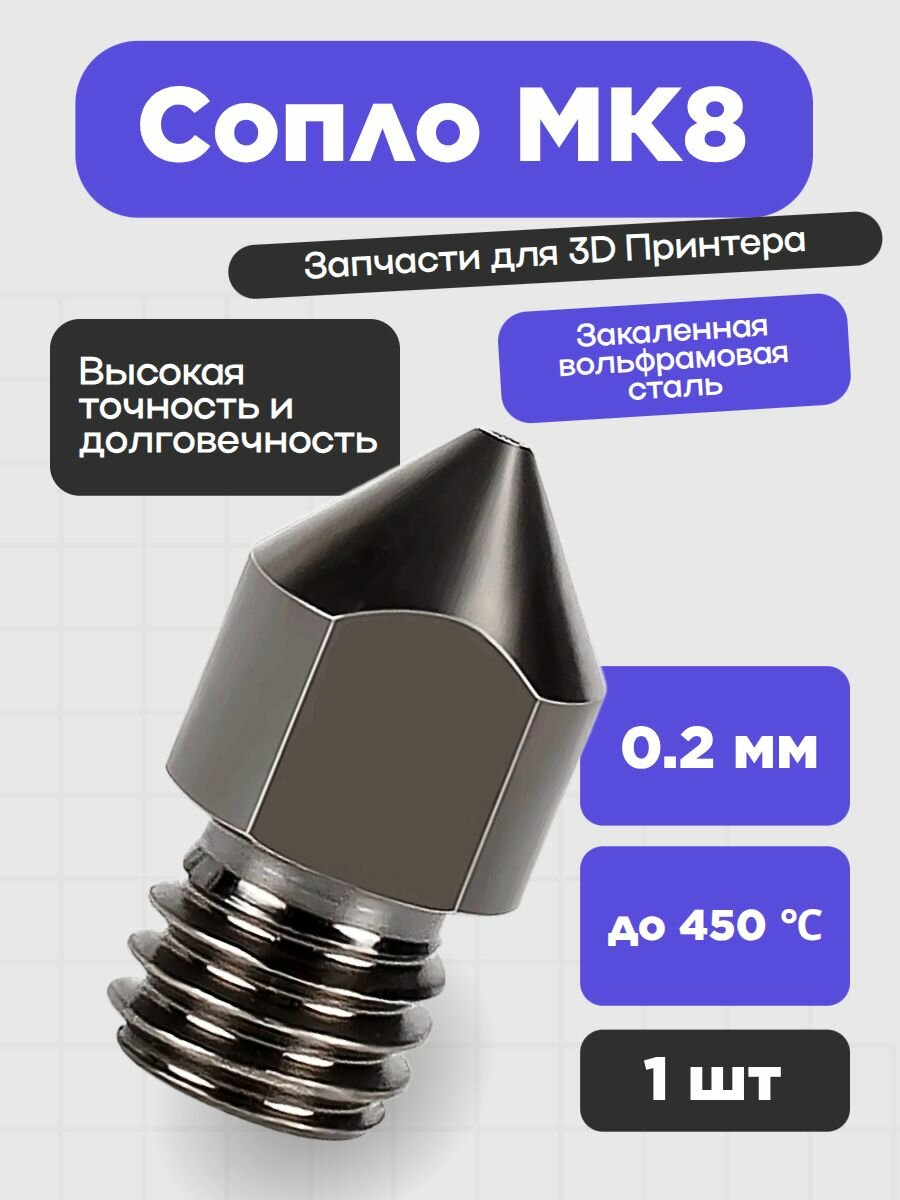 Сопло из вольфрамовой стали для 3D-принтера MK8, 0.2 мм (1шт.) 51651