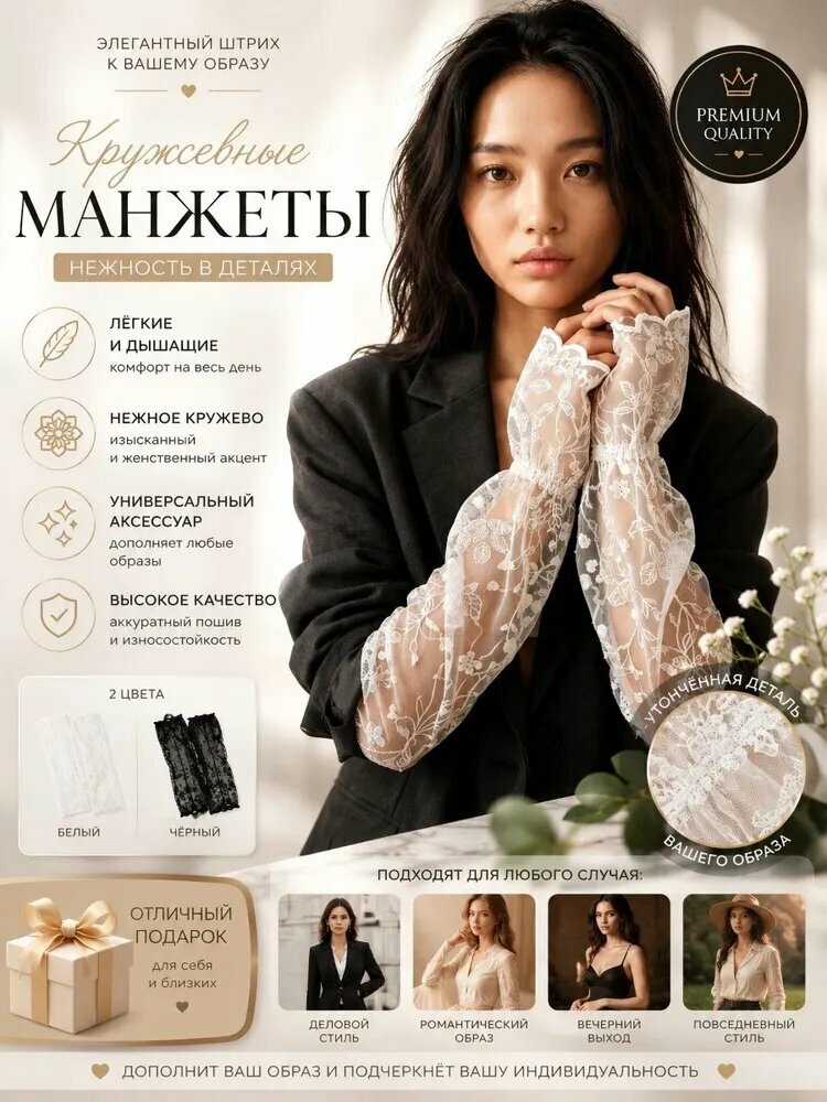 Манжет одежный, кружево, вышивка, оборки, белый