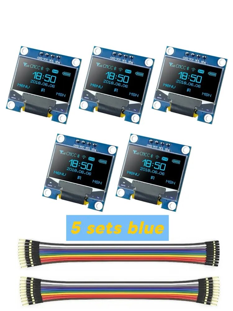 Набор из 5 OLED дисплеев 0.96 дюйма, 128x64 пикселя, синие, I2C интерфейс, SSD1306 + 10 перемычек (5 мама-папа, 5 папа-папа) в подарок. Для популярных платформ и DIY проектов
