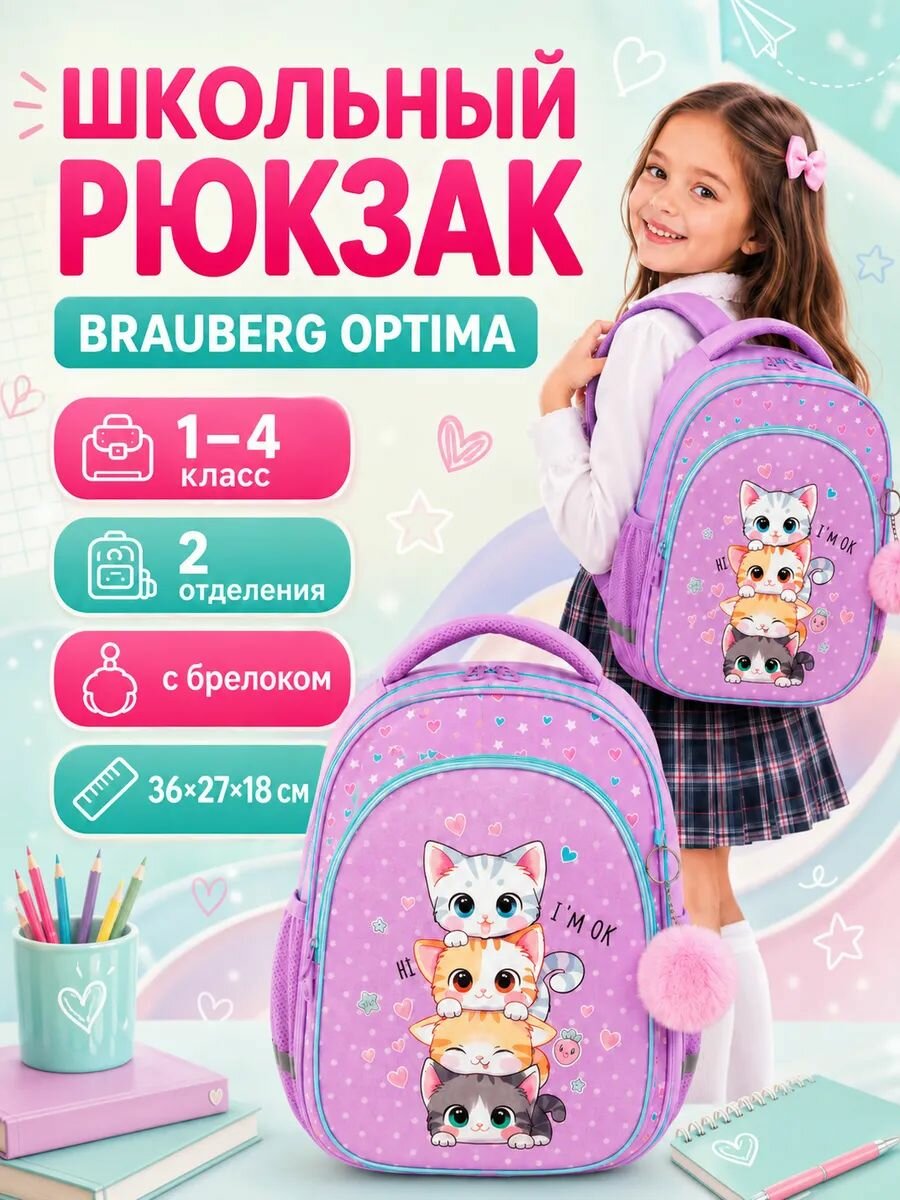 Рюкзак с брелком Сиреневый 7-14 лет 36х27х18 см