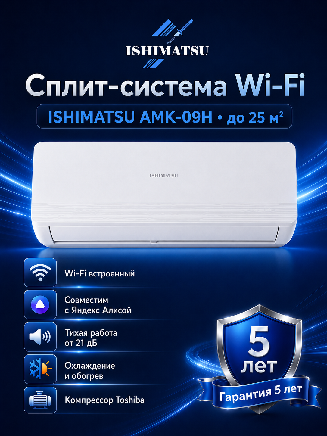 Кондиционер сплит-система ISHIMATSU AMK-09H On/Off Wi-Fi до 27 м², тихий, охлаждение и обогрев, управление через Алису
