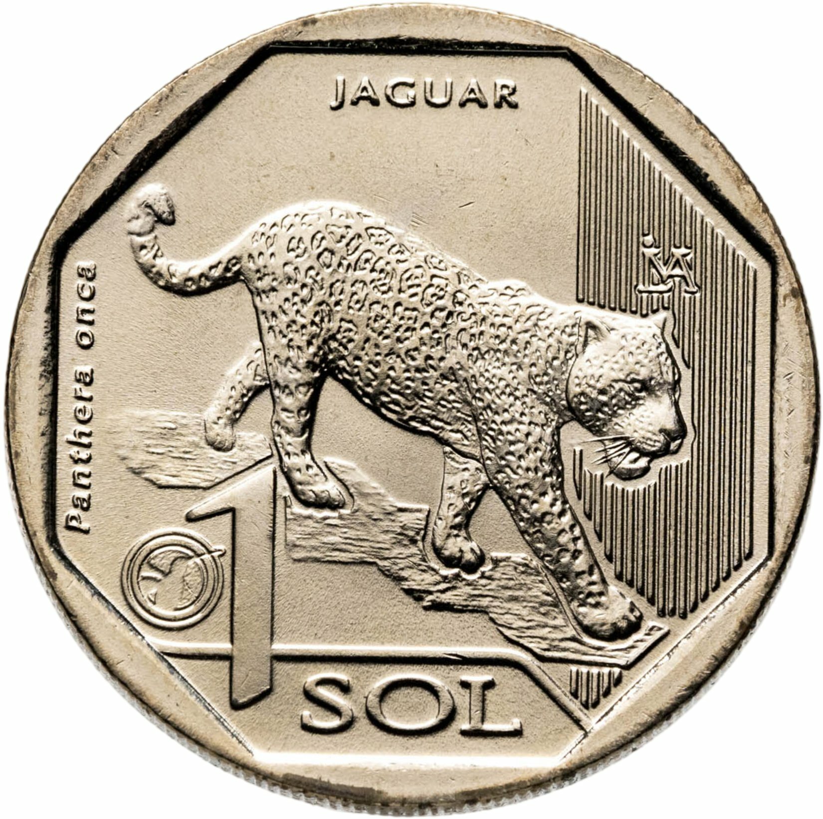 Перу 1 соль sol 2018 "Фауна Перу - Ягуар Panthera onca", МНЦ медь-никель-цинк, в сохранности UNC