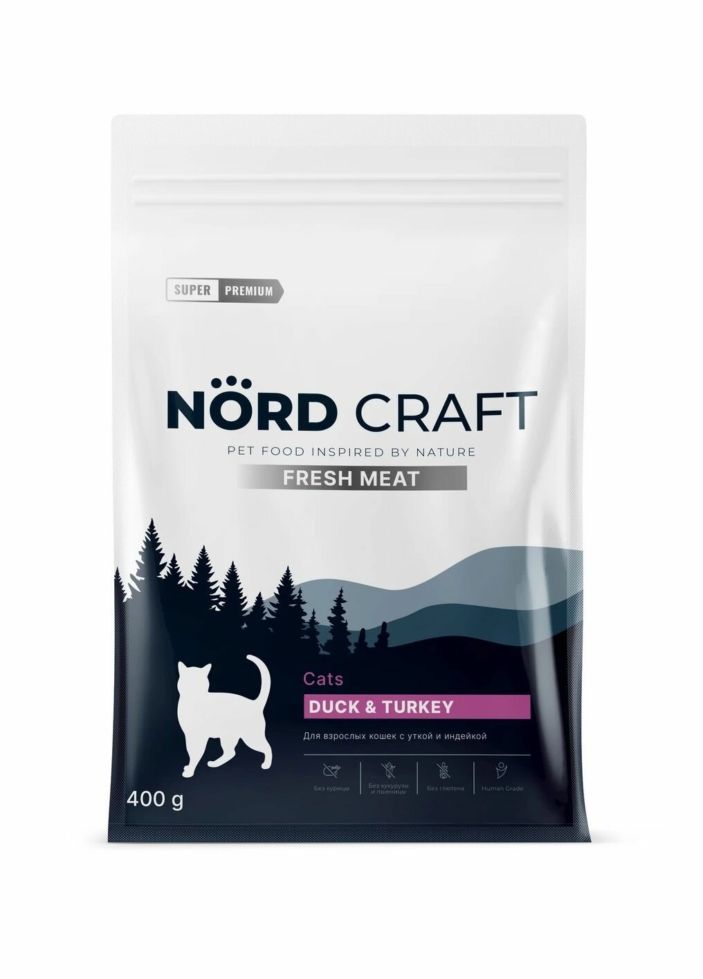 NORD CRAFT Корм сухой Fresh Meat для /взрослых кошек с Уткой и индейкой, 400 гр