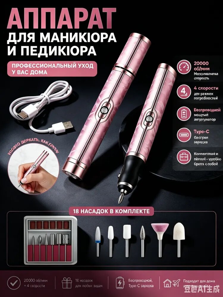Аппарат для маникюра и педикюра, набор для педикюра женский электрический, 18 насадок