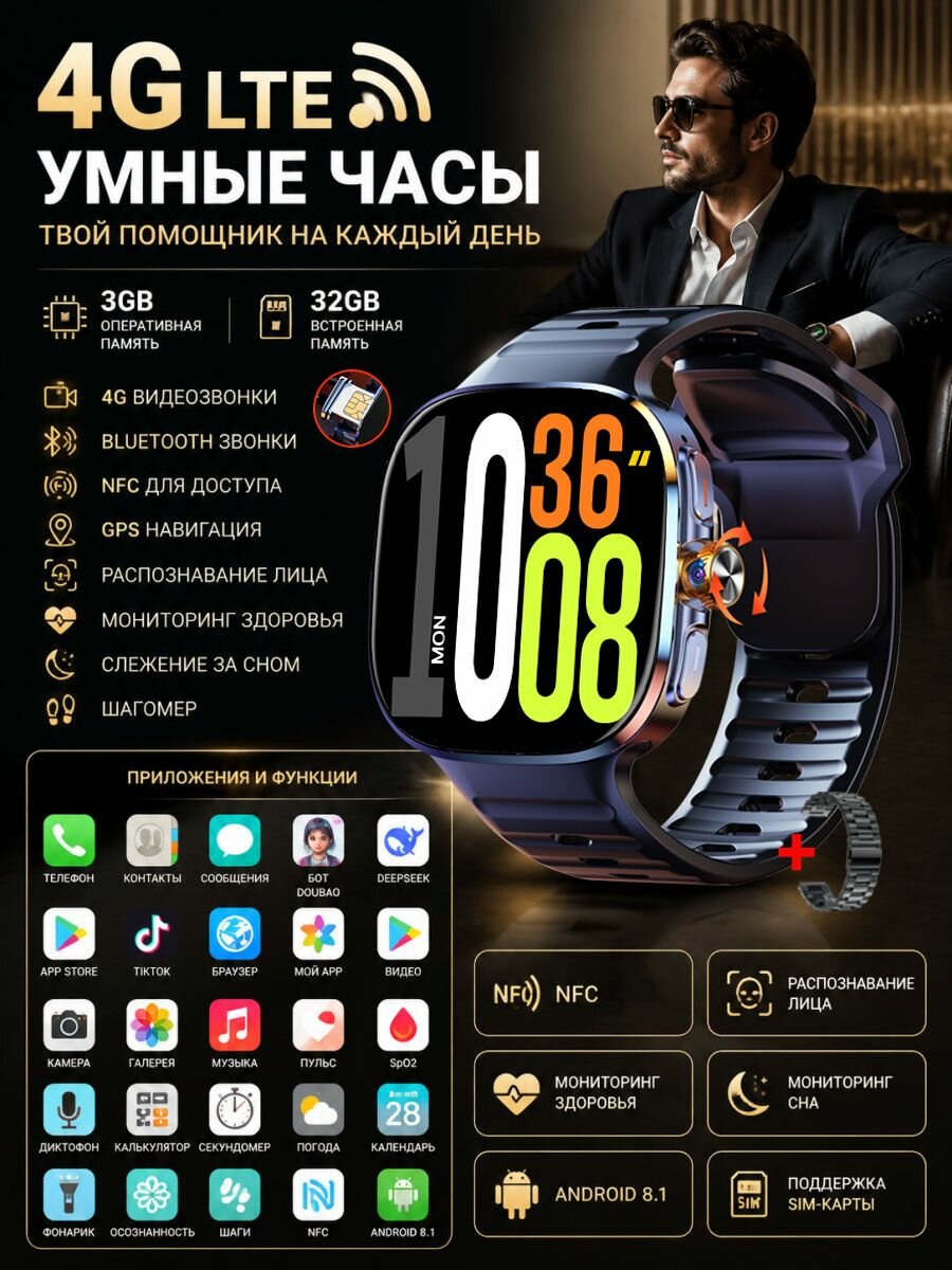 Умные часы мужские и женские с поддержкой SIM-карты, GPS, 20МП камерой, видеосъемкой, ChatGPT, возможностью установки любых приложений, 1100 мАч аккумулятором, премиум-дизайном