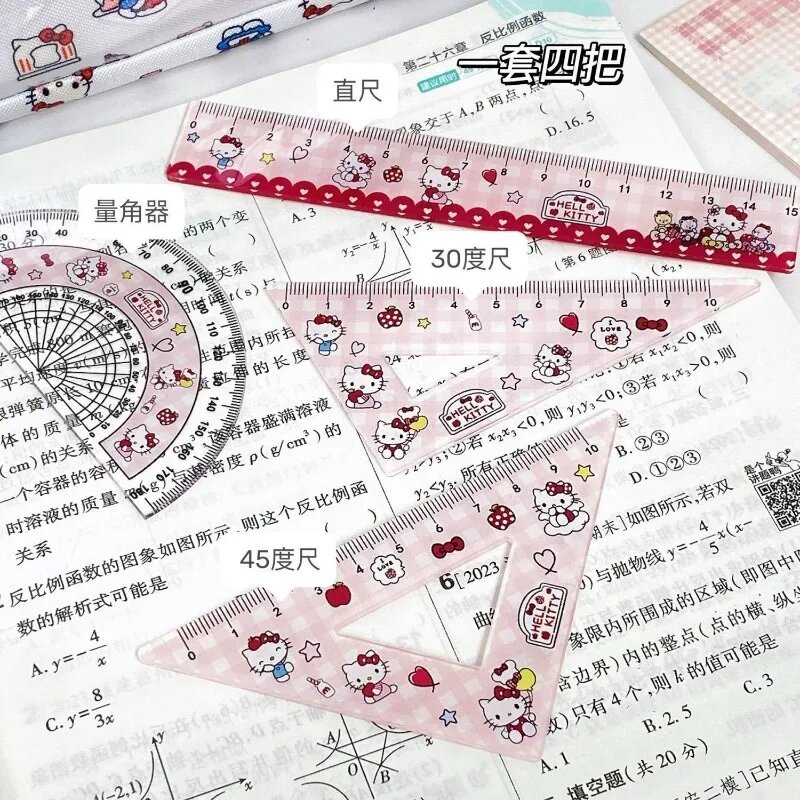 Милый набор линеек с принтом Hello Kitty для женщин и девочек, кавайный мультяшный измерительный инструмент с прямой линейкой, треугольником и транспортиром — фото 1
