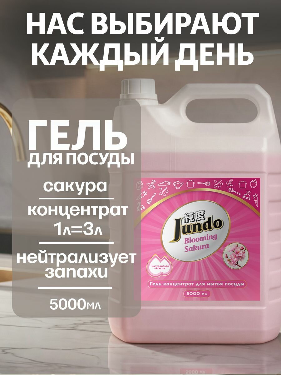 Средство для мытья посуды Jundo Премиум с ароматом Сакуры 5л, концентрированный ЭКО-гель концентрированное средство 5 литров аромат сакуры