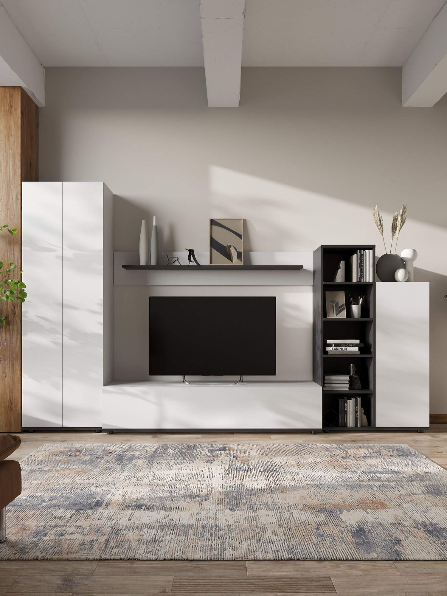 Гостиная комплект Амазон Макси с полками, со шкафом, 300x40x170 см, Белый матовый / Черный матовый