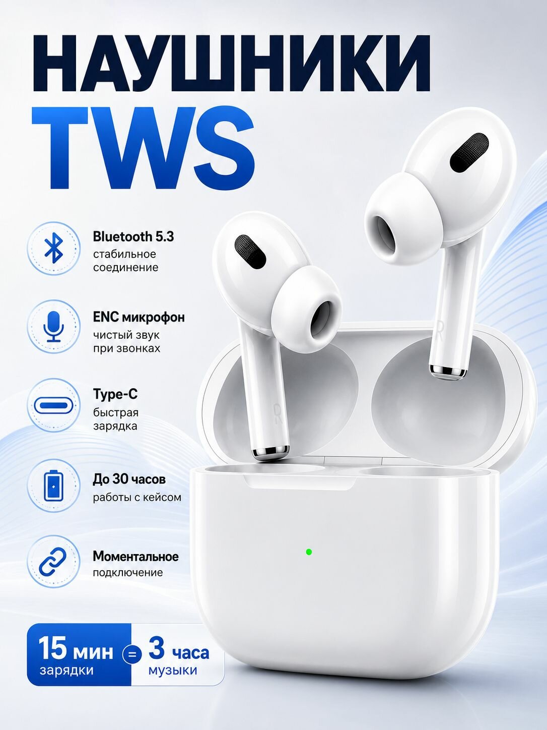 Наушники беспроводные TWS Bluetooth 5.3 с микрофоном ENC, белые, с зарядным кейсом Type-C