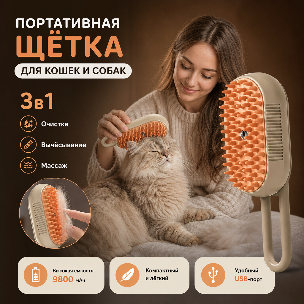Щетка для купания и груминга кошек и собак, комфортный, профессиональный уход, массажный эффект, паровой уход