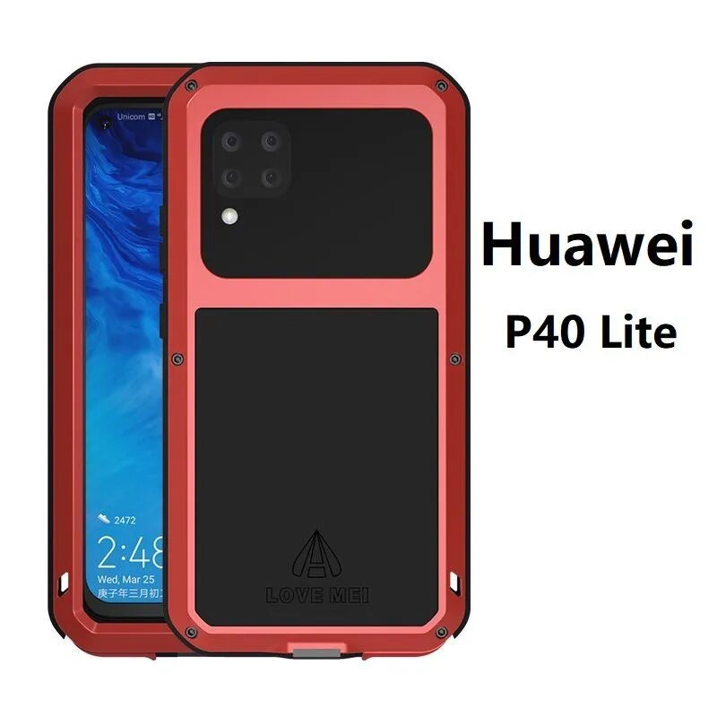 Брызгозащищенный Чехол для Huawei P40 Lite, LOVE MEI Мощный силикагелевый металлический противоударный чехол-ракушка, красный