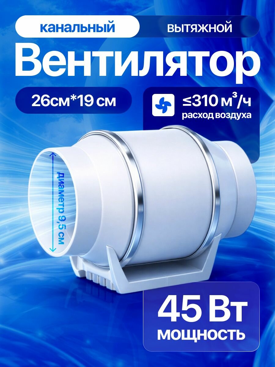 Канальный вентилятор, диаметр 95мм, 310м3/ч, малошумный / Вентилятор вытяжной канальный