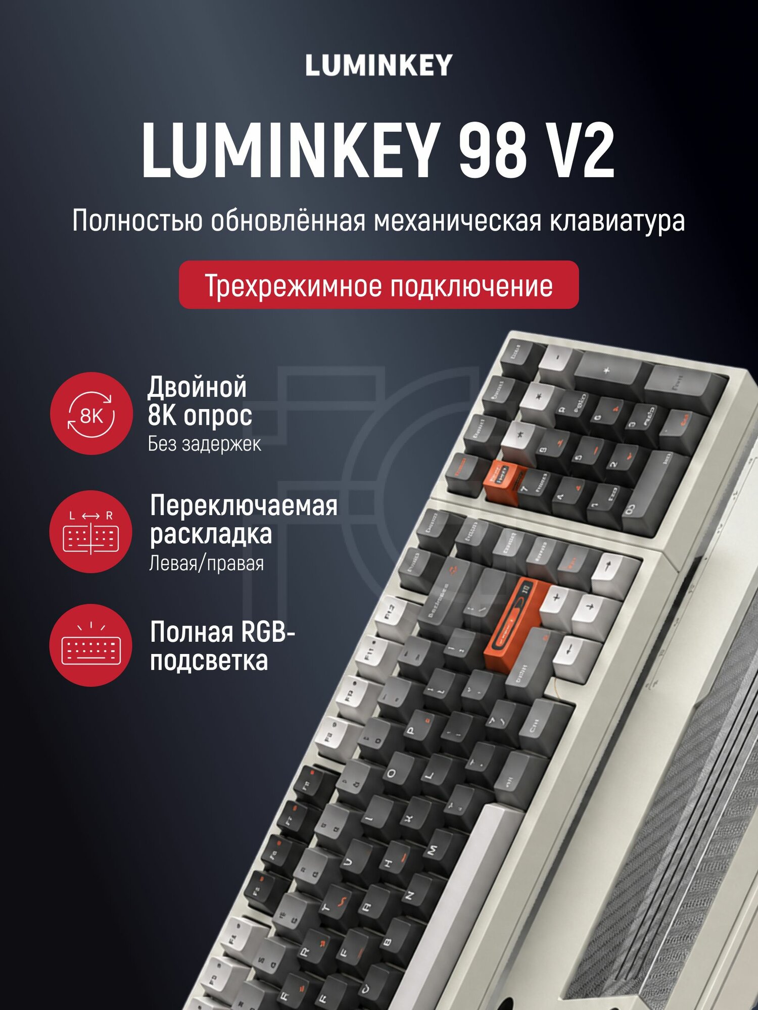 Механическая кастомная клавиатура LUMINKEY LK98 V2 98% Tri-Mode Custom Mechanical Keyboard White / английская раскладка