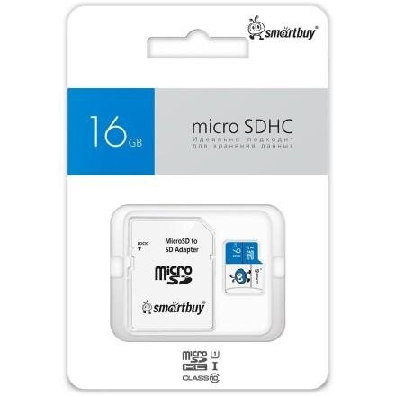 Micro SDHC карта памяти Smartbuy 16GB UHS-I BLUE, с адаптером SD