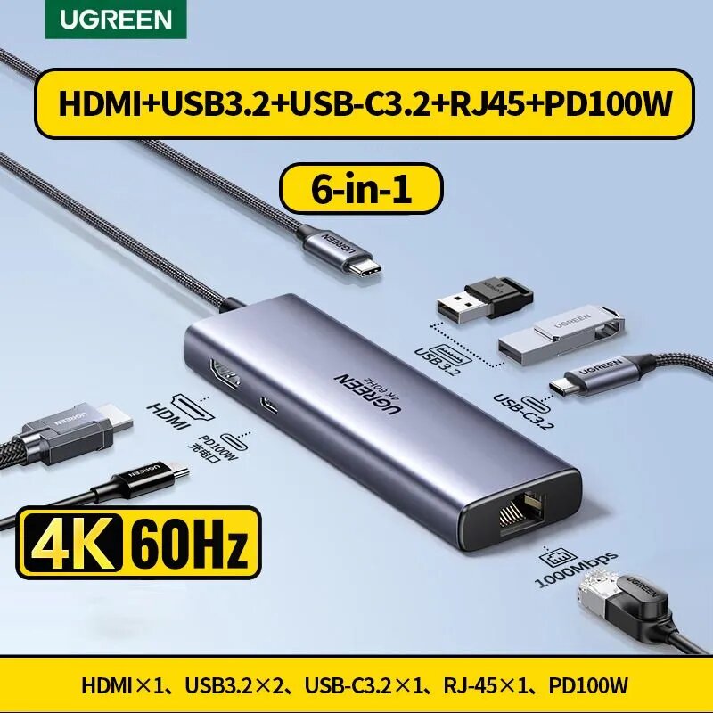 USB-Концентратор UGREEN 6-in-1 (45000),4K(60HZ)HDMI, USB 3.2 10Gbps, USB-C3.2 10Gbps, PD 100W Hub