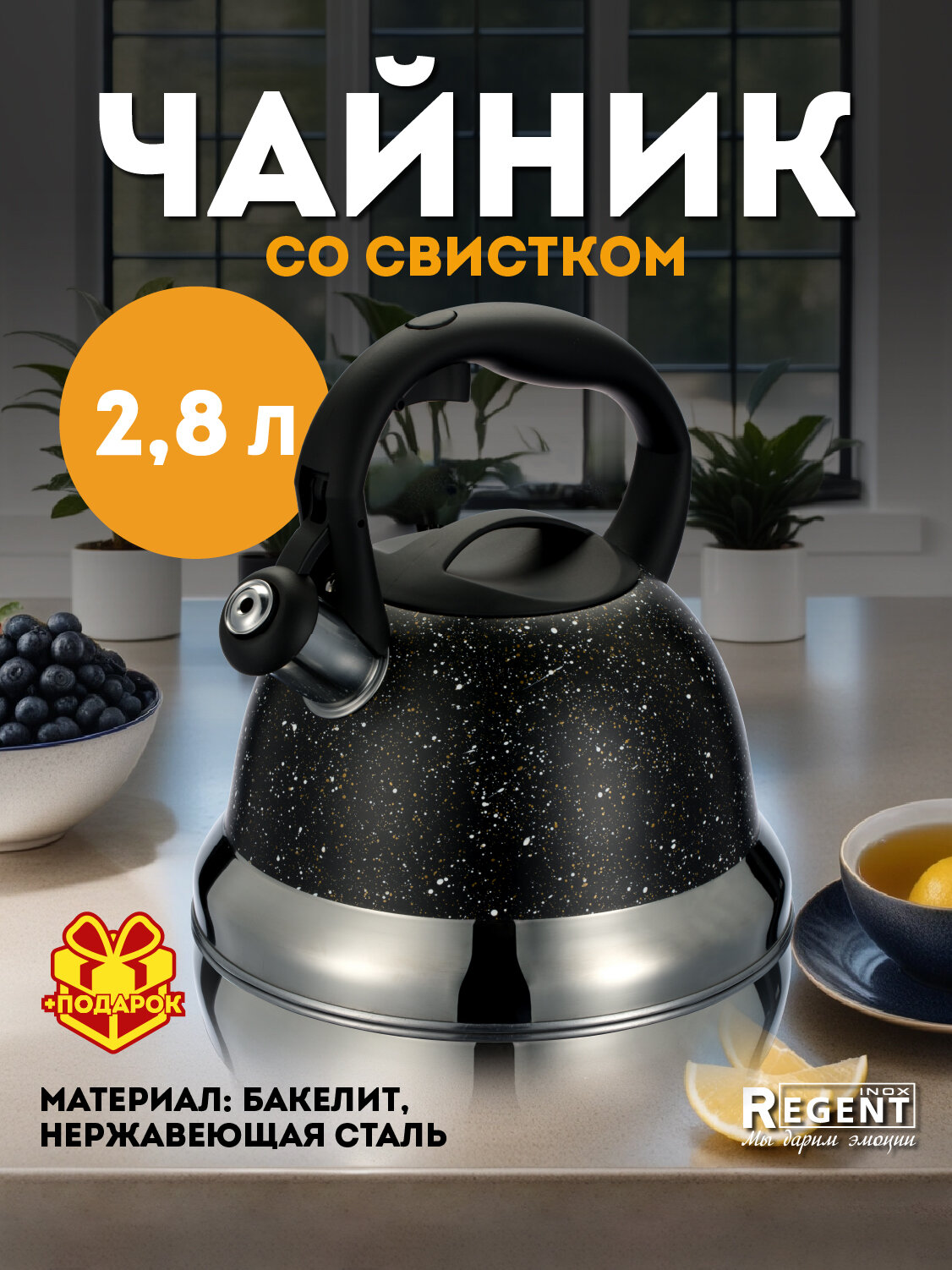 Чайник Regent Inox 2,8л, со свитком, нержавеющая сталь, модерн