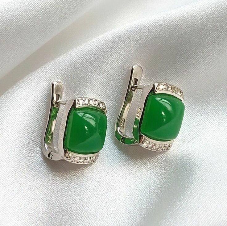 Серьги, серебро, 925 проба, родирование, жадеит