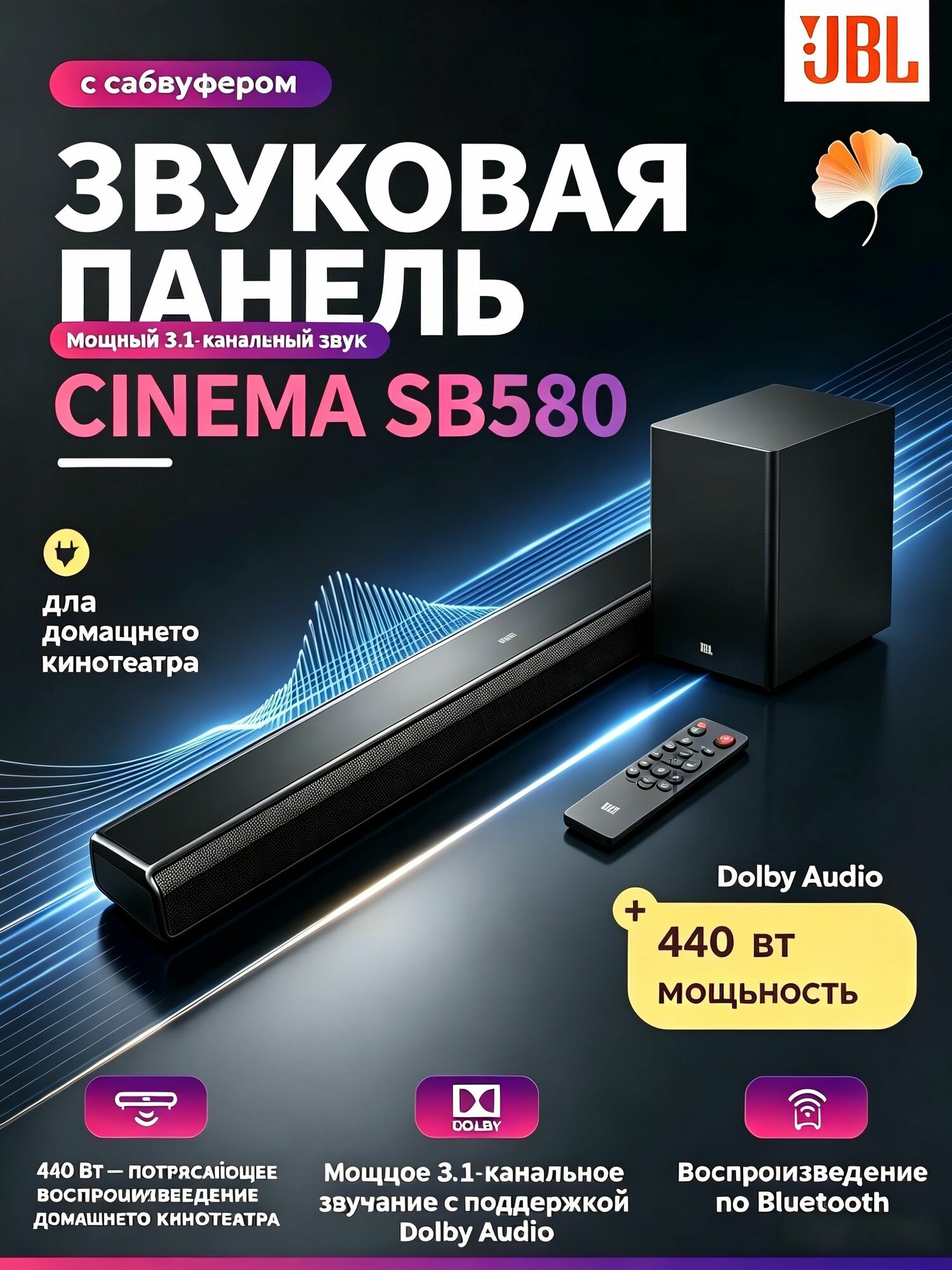 JBL CinemaSB580 Домашний кинотеатр Dolby Atmos 3.1 Echo Wall, мощный, беспроводной сабвуфер с Bluetooth