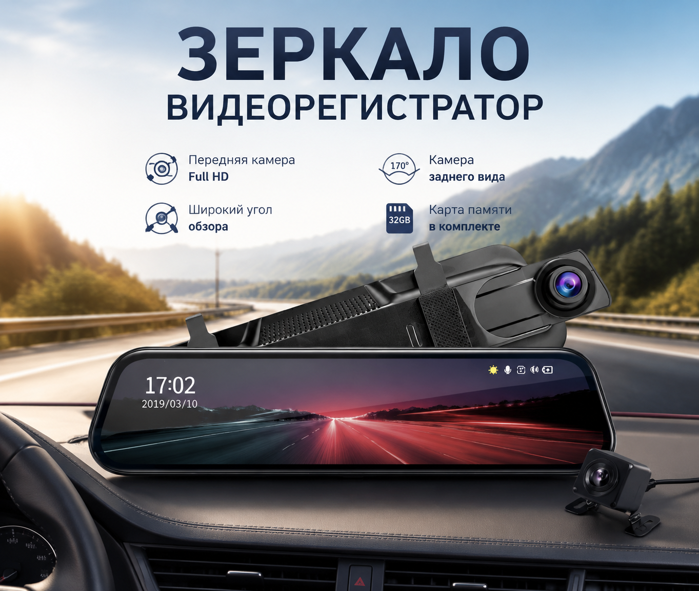 Зеркальный автомобильный видеорегистратор с передней и водонепроницаемой задней камерой