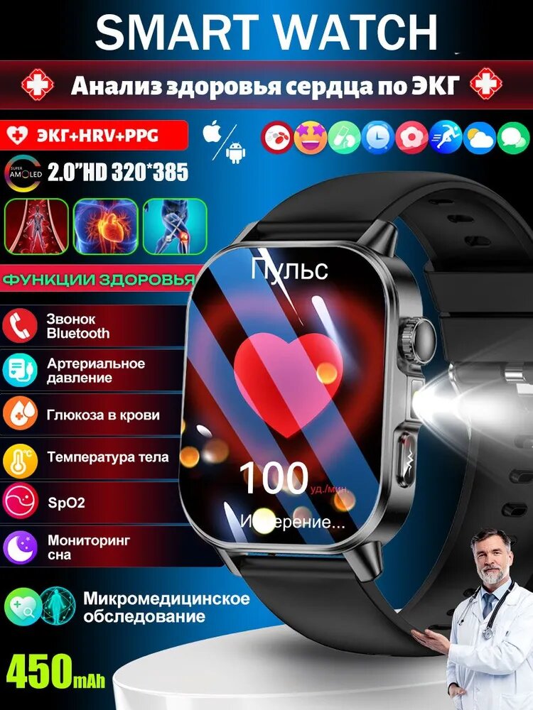 SACOSDING Смарт-часы Cмарт часы с мониторингом здоровья, с ECG, водонепроницаемые, 450mH длительная работа для спорта, для мужчин, для женщин, для пожилых, подарок, 41mm, Черный силикон A