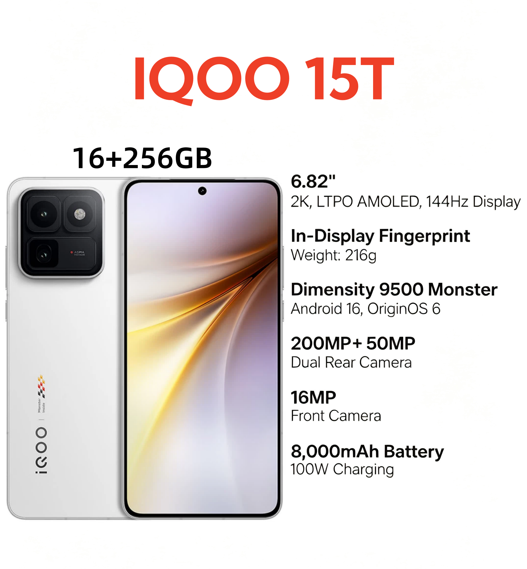 Смартфон iQOO 15T 16/256 ГБ, 2K 144Hz Экран, Dimensity 9500 Monster,200M пиксель CN/white
