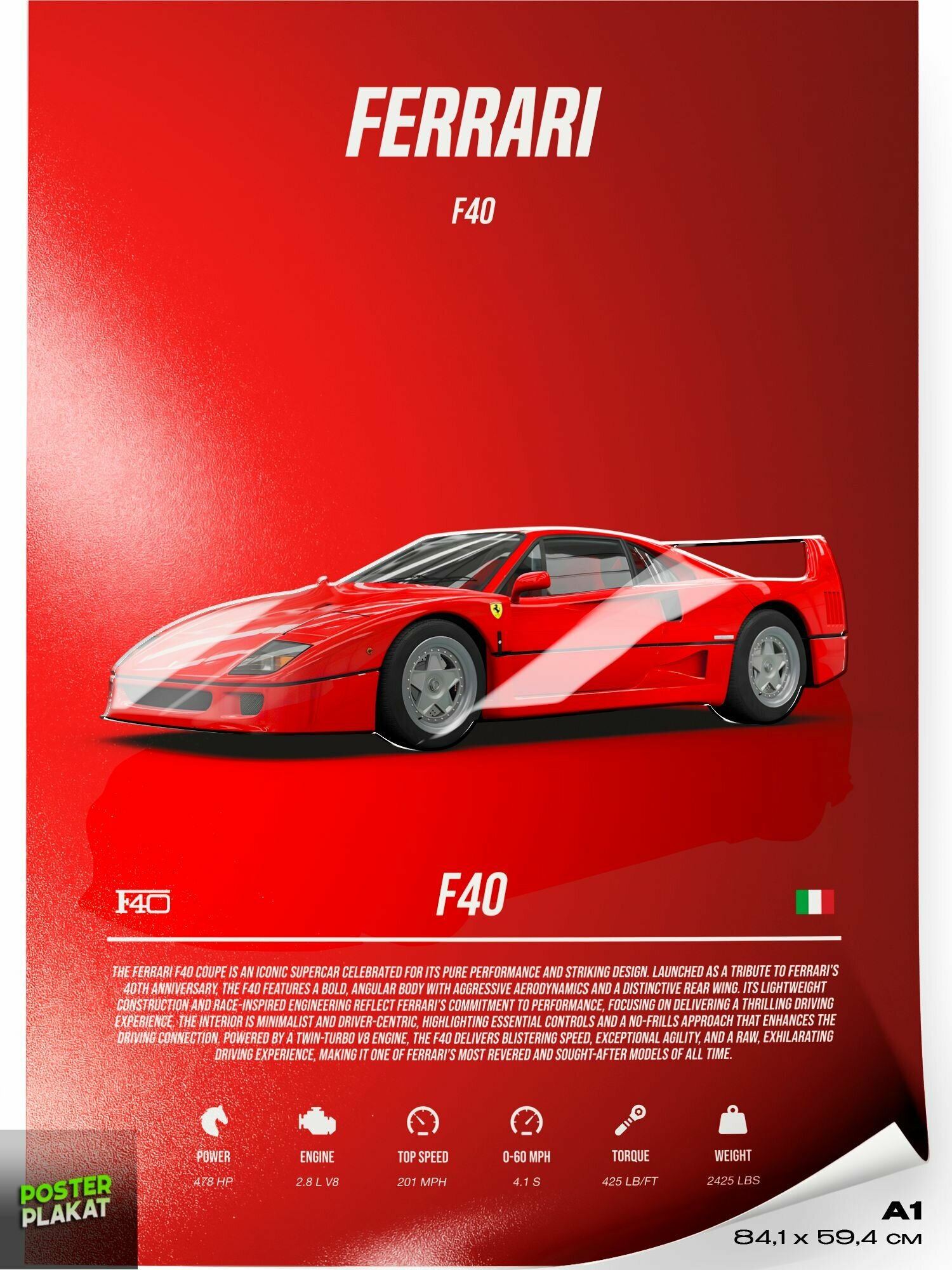 Постер на стену с машинами, Ferrari F40, авто Феррари, для интерьера, А1 (85 х 60 см), Постер Плакат