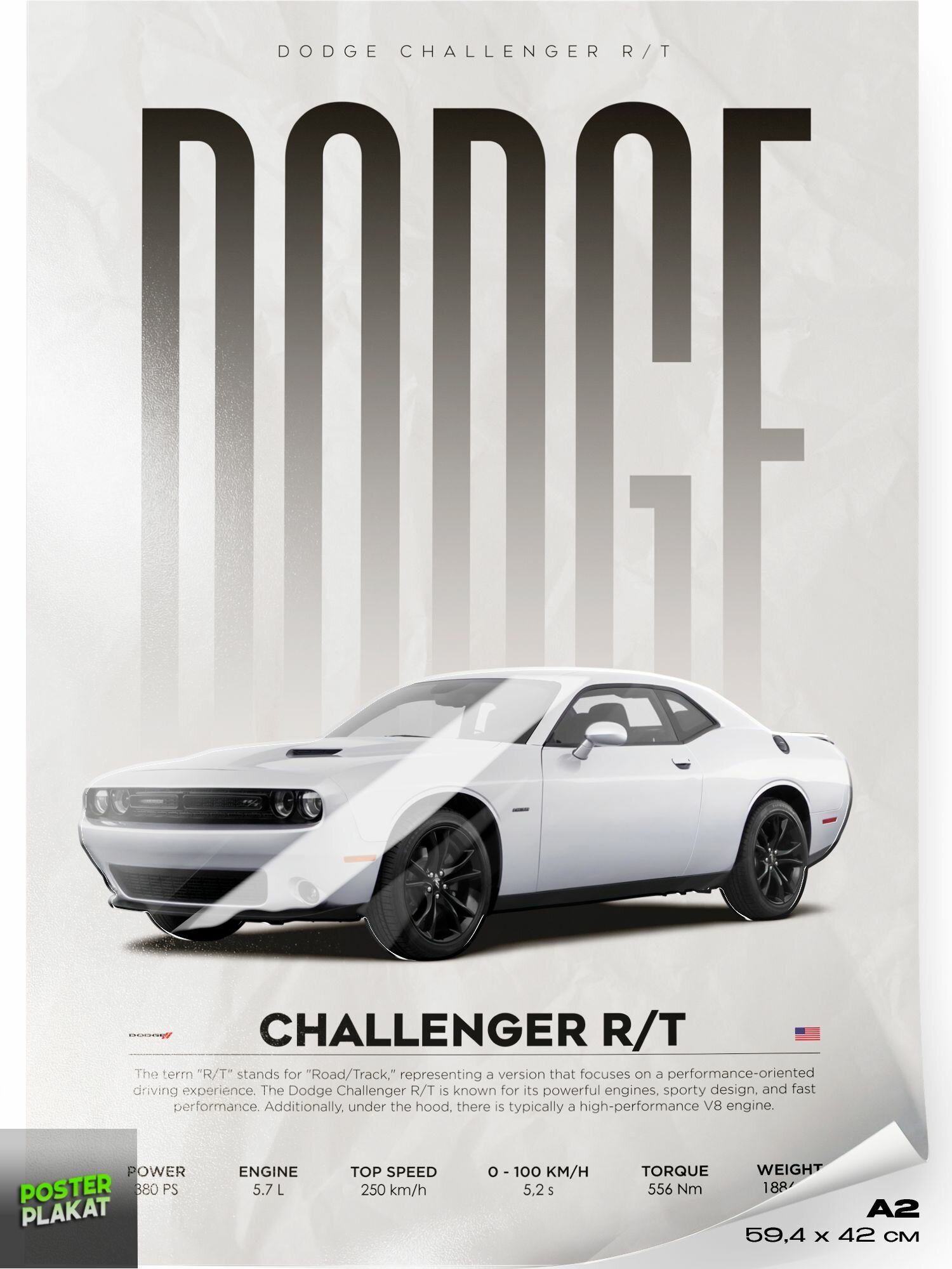 Постер на стену с машинами, Dodge Challenger RT, авто Додж Челленджер, для интерьера, А2 (60 х 42 см), Постер Плакат