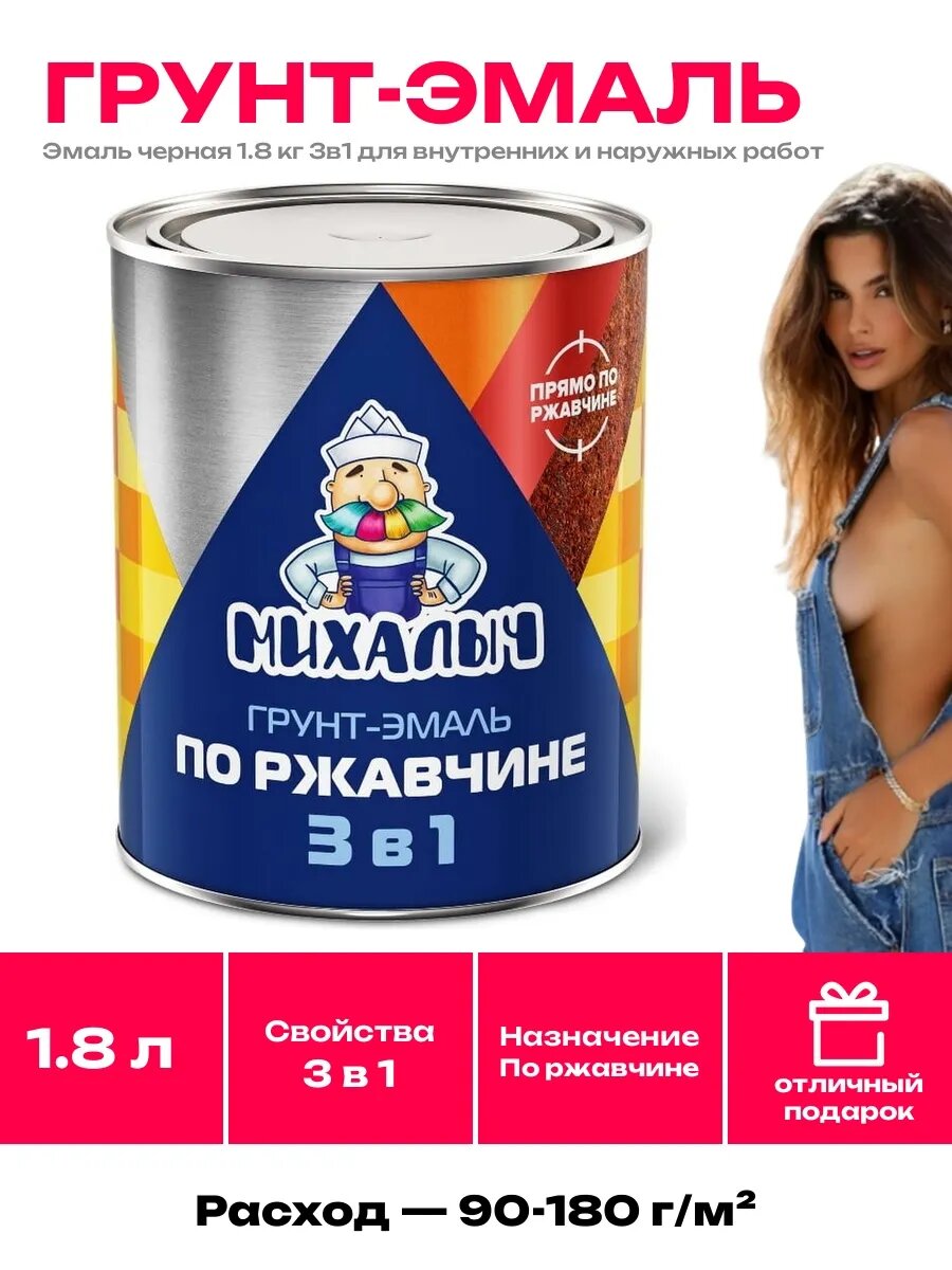 Защитная эмаль 3 в 1 черная 1.8 кг для металла от ржавчины
