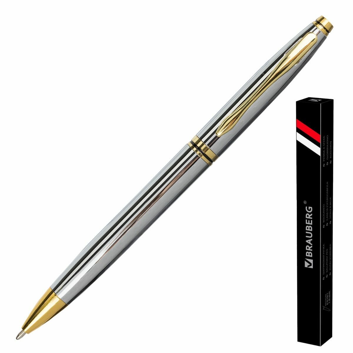 Ручка шариковая автоматическая Brauberg De luxe Silver (бизнес-класса, корпус серебристый, золотистые детали, синяя) (141414), 1шт.