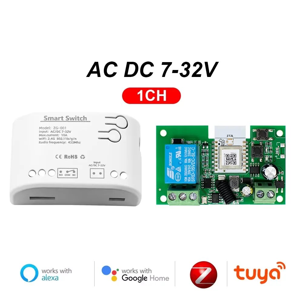 Модуль умного реле Zigbee Tuya с 1/2/4 каналами Умный выключатель для светодиодных ламп DC5V 7-32V AC85-250V Датчик дистанционного управления RF433Mhz Контроллер включения/выключения-