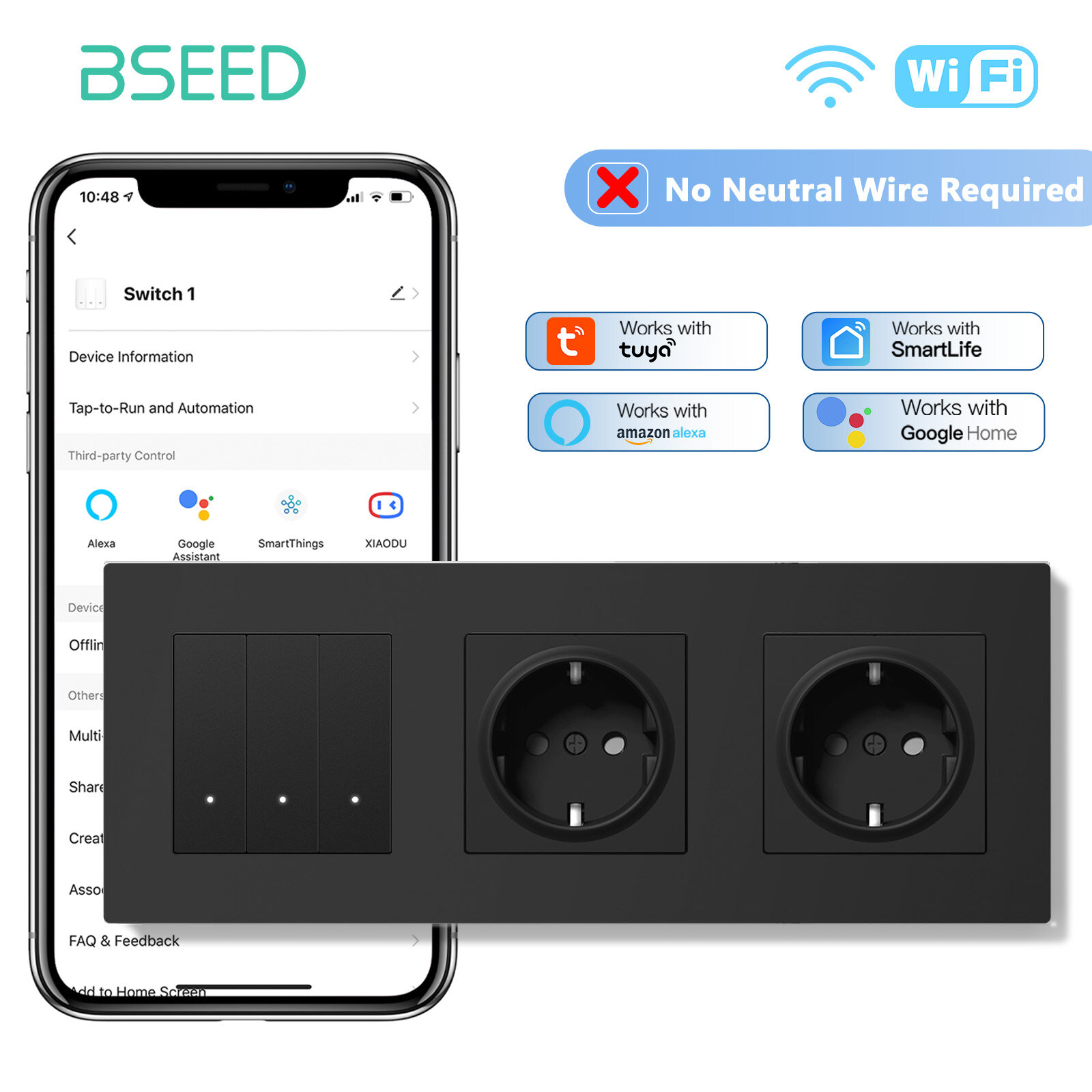 Умный выключатель Без нуля c Алисой, Легко нажать, WIFI, 3 поста (3+2 розетка), пластиковая рамка, 228mm выключатель с розеткой без нулевого провода