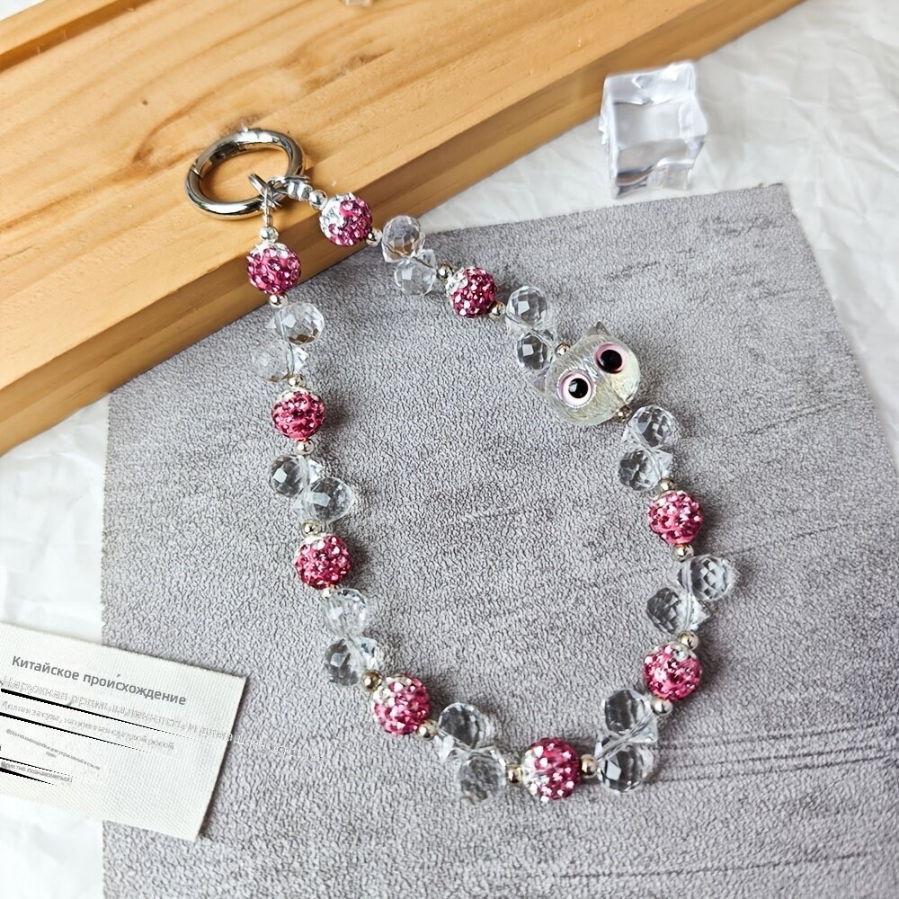 Подвеска для телефона с игривым котенком из кристаллов, брелок для ключей DIY с бусинами, ремешок для сумки, цепочка-клипса для задней крышки телефона, аксессуар для женщин, цвет: розово-красный