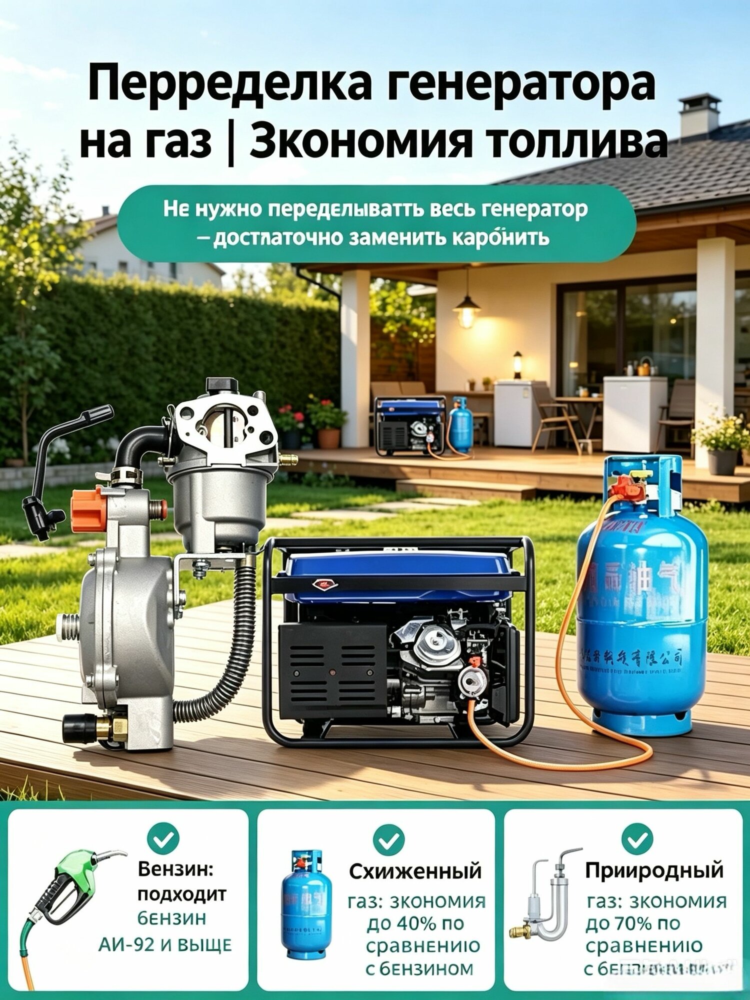 Карбюратор двухтопливный с газовым редуктором для двигателей 168F, 170F, бензиновый генератор мощностью 2-3 кВт, работает на бензине, сжиженном и природном газе