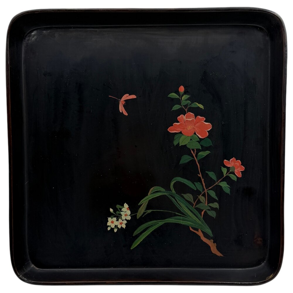 Поднос "Камелия и Стрекоза", 25.5*25.5 см, роспись, 1970-1980 гг, Otagiri, Япония