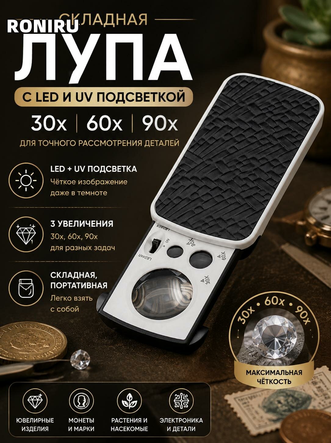 Складная лупа с LED и UV подсветкой 30х 60х 90х для ювелирных изделий, монет и растений — портативная и удобная