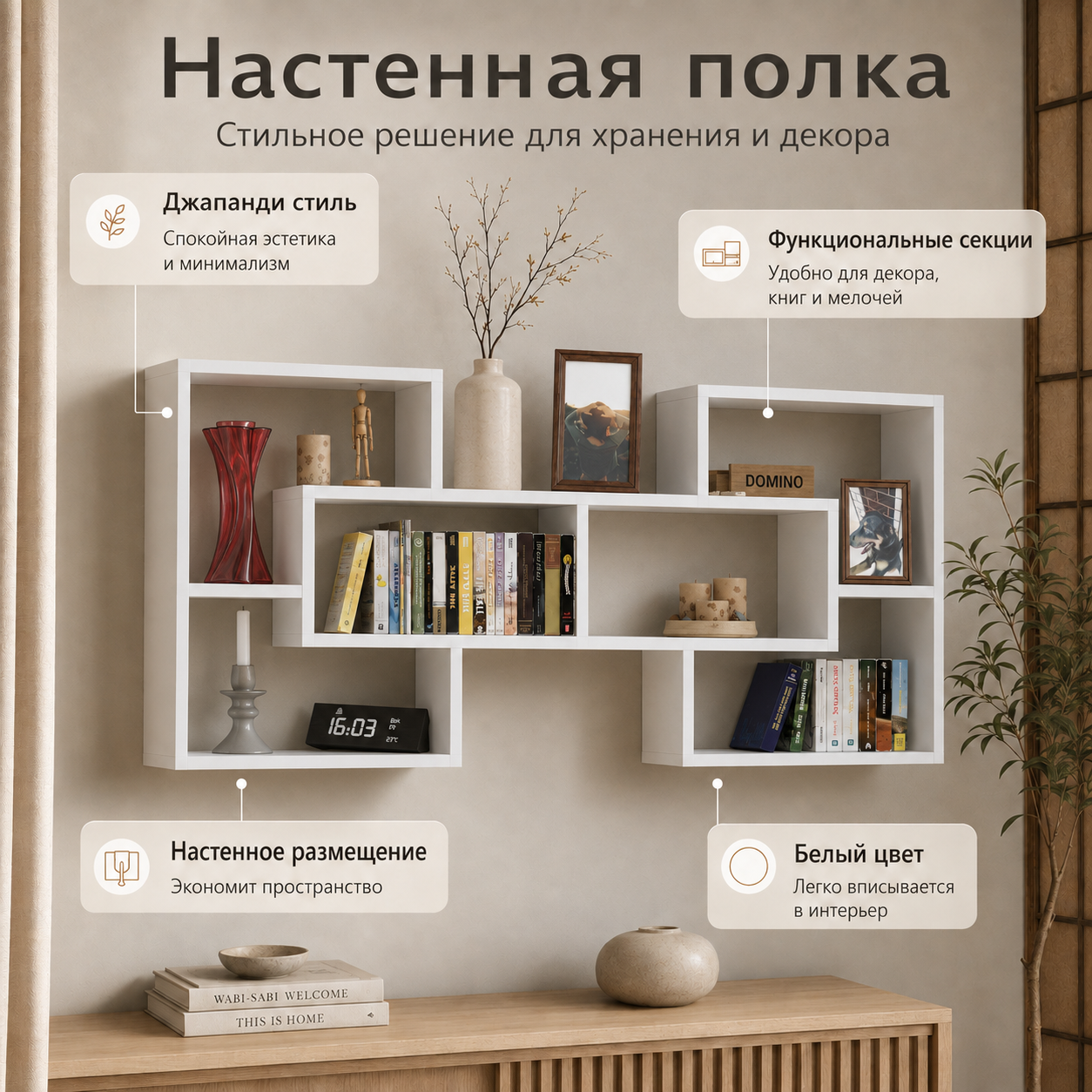 Полка настенная навесная 115 см для книг и декора белая